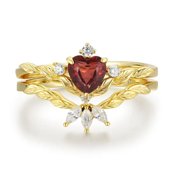 AZURA JEWELRY NEW YORK Flaming Heart Mozambique Red Garnet Yellow Vermeil Ring Set - Gold