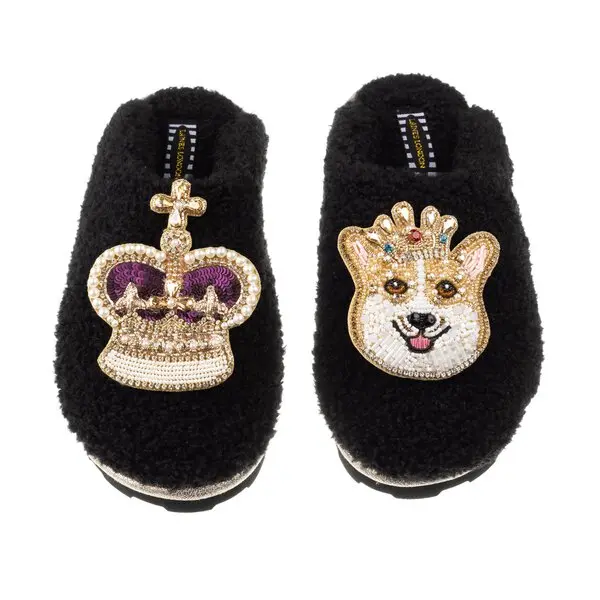 LAINES LONDON Teddy Towelling Closed Toe Slippers With Sandy The Corgi & Royal Crown Brooches - Black