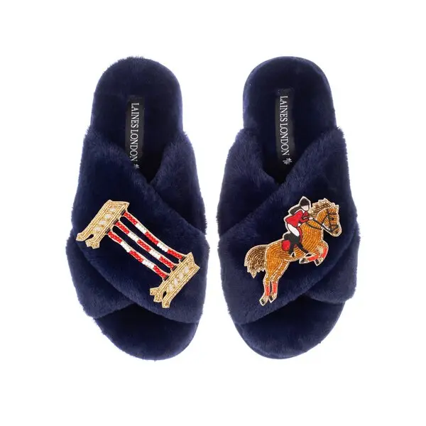 LAINES LONDON Classic Laines Slippers With Show Jump Horse Brooches Navy - Blue