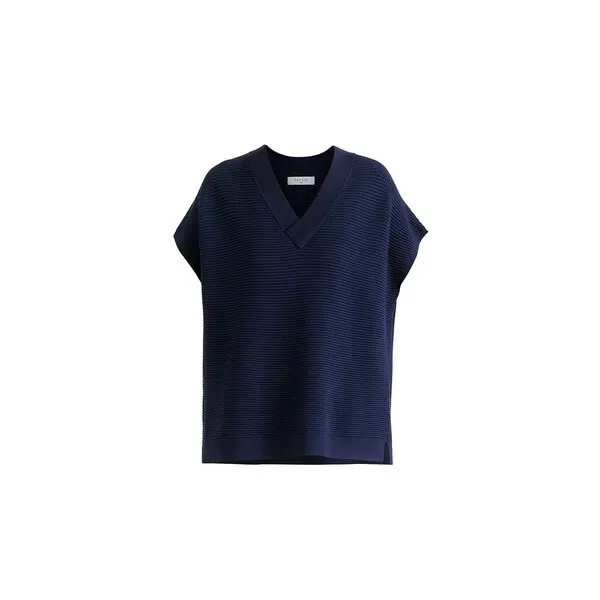 PAISIE V-neck Sleeveless Ribbed Jumper In Navy - Blue
