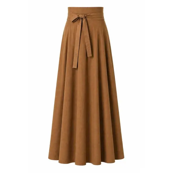 NIKKA PLACE High Waisted Cotton Maxi Skirt With Tie Belt In Light - Brown