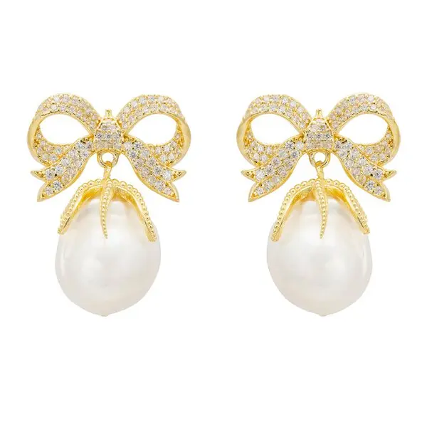 LATELITA Gold / White Baroque Pearl Ribbon And Bows Drop Earrings Gold - Gold/white