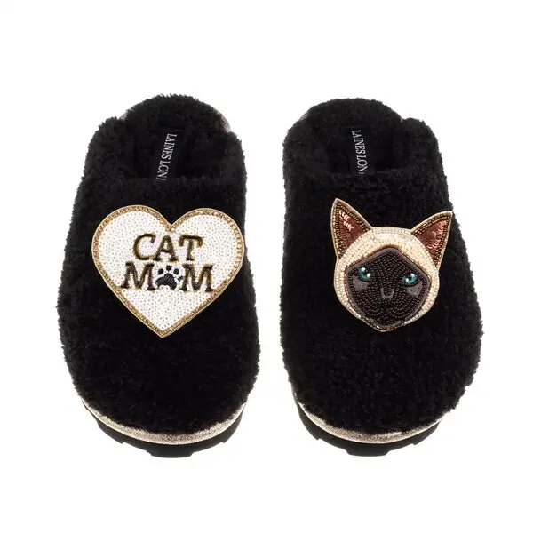 LAINES LONDON Teddy Closed Toe Slippers With Cat Mum / Mom & Siamese Cat Brooches - Black