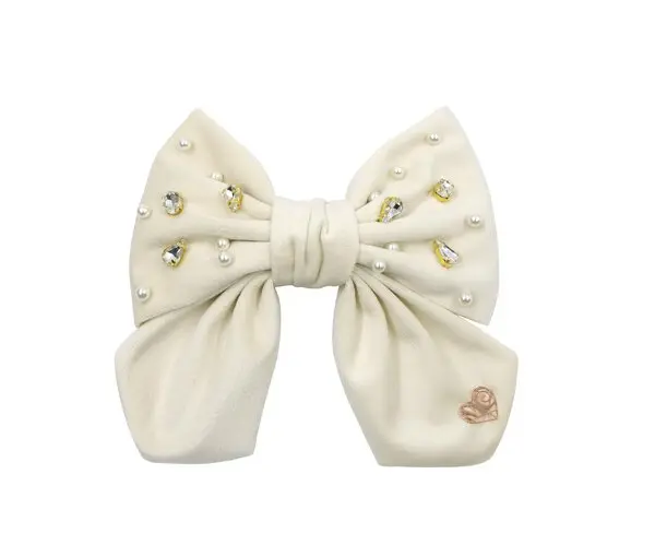 MISS CICCONI Samanta Bow Hair Clip Ivory Velvet With Crystals & Pearls - White