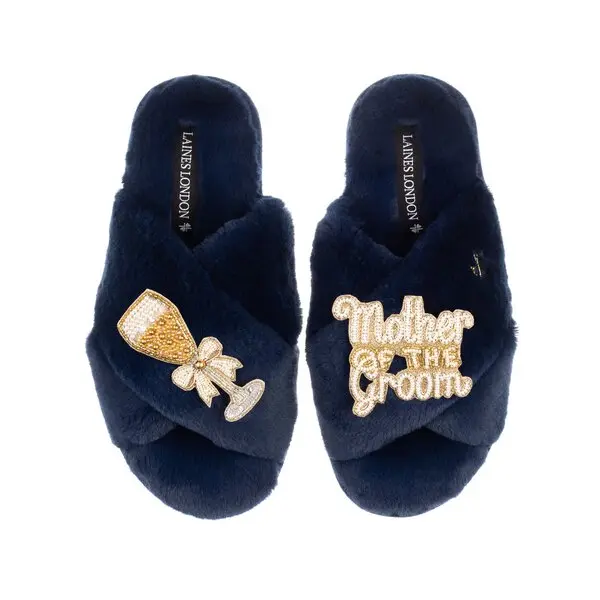 LAINES LONDON Classic Laines Slippers With Mother Of The Groom Brooches Navy - Blue