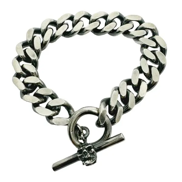 TG-JEWELLERY BY TAMARA GERVASIO Silver / Black Skull Heavy Curb Chain Bracelet T-bar Skull Japanese Power Sign – Sterling Silver - Silver/black