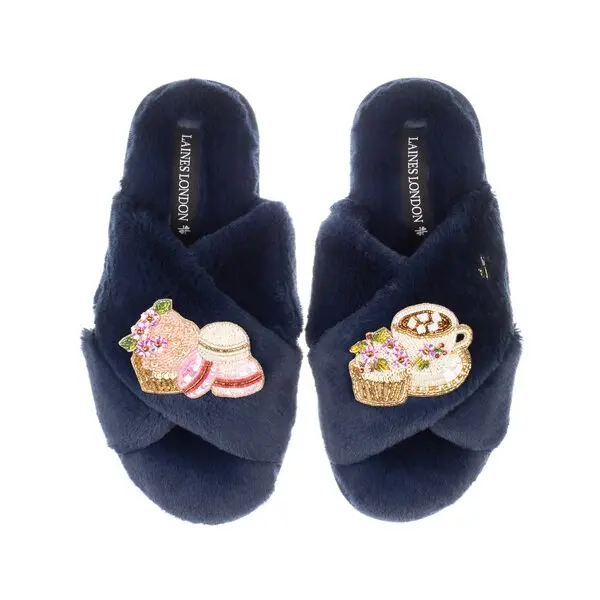 LAINES LONDON Faux Fur Slippers With Macaroon Brooch Embellishment - Blue