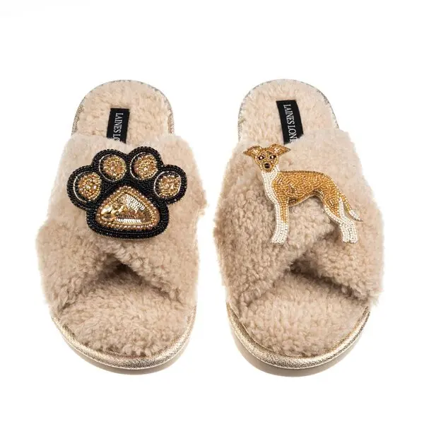 LAINES LONDON Neutrals Boucle Slippers With Paw & Fawn & White Italian Greyhound Brooches Oatmeal - Brown