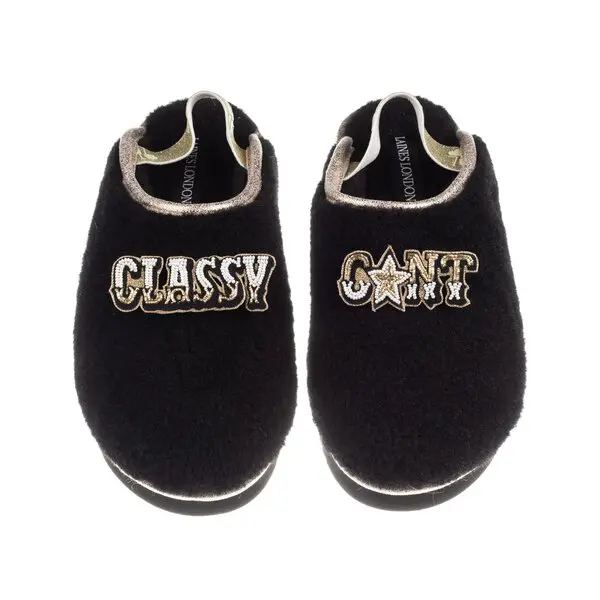 LAINES LONDON Black / Gold Flatform Cloud Closed Toe Slippers With Classy Cunt Brooches Black - Black/gold