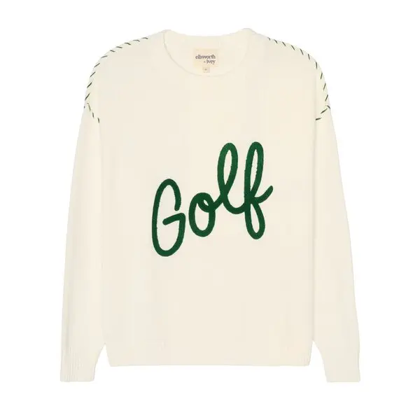 ELLSWORTH + IVEY Riley Crewneck Sweater Ivory Golf Script - White