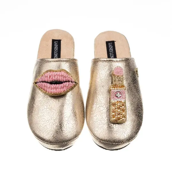 LAINES LONDON Softie Slippers With Lipstick And Lips Embellishment - Gold