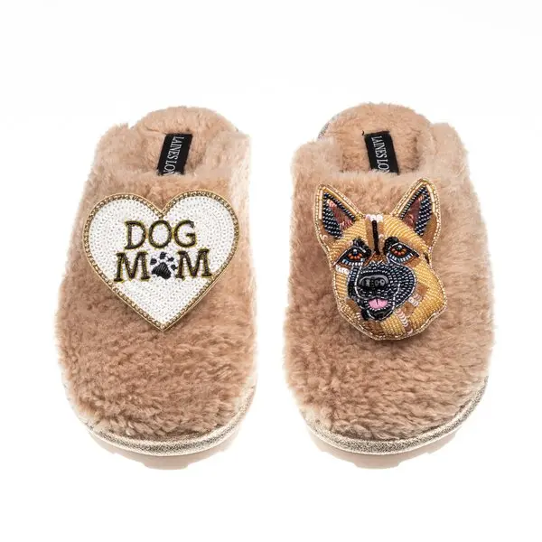 LAINES LONDON Neutrals Teddy Closed Toe Slippers With Roxy The German Shepherd & Dog Mum/mom Brooches Toffee - Brown