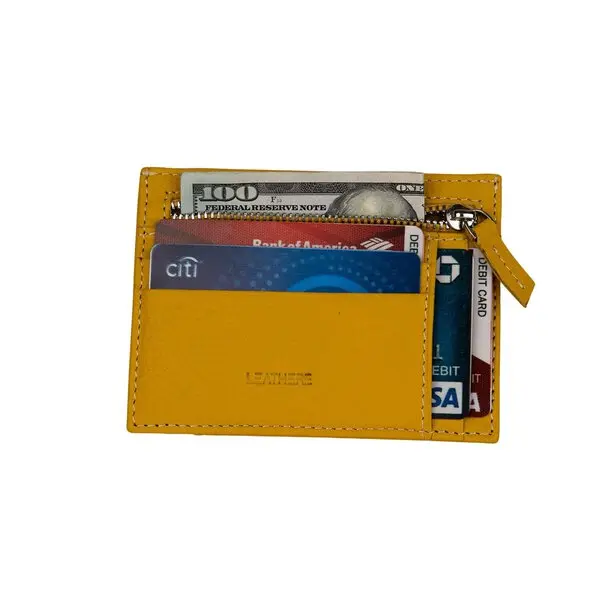 LEATHERE Vibrant Leather Card Holder With Zipper Pocket Concord - Yellow