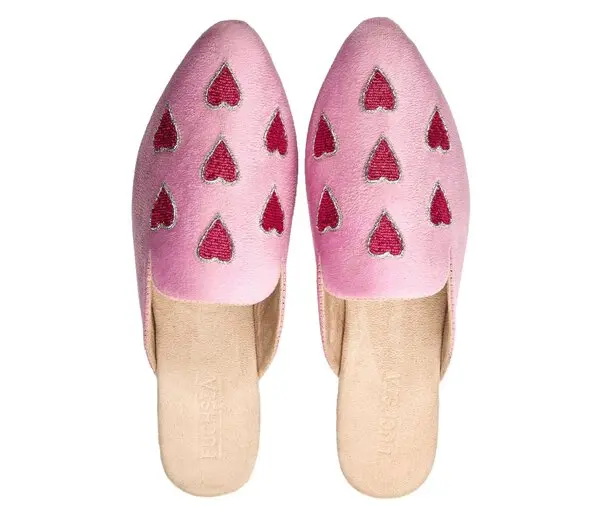FUCHSIA SHOES Red Heart Handmade Heart Embroidered Velvet Mules By - Pink