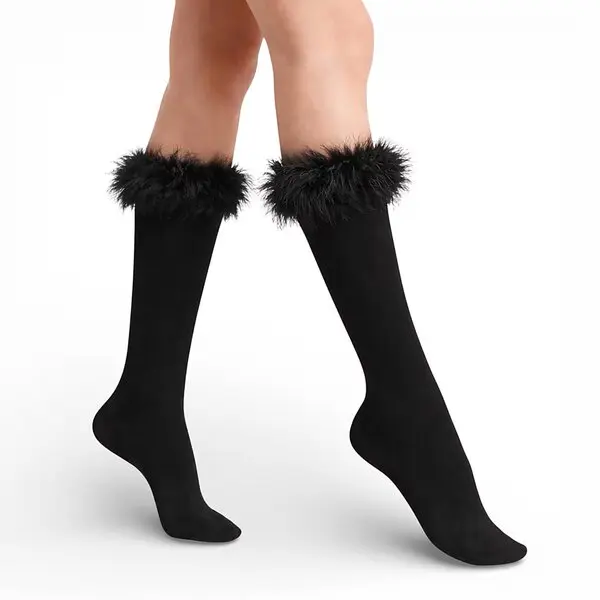 HIGH HEEL JUNGLE BY KATHRYN EISMAN Frou-frou Faux Fur Trim Combed Cotton Socks - Black