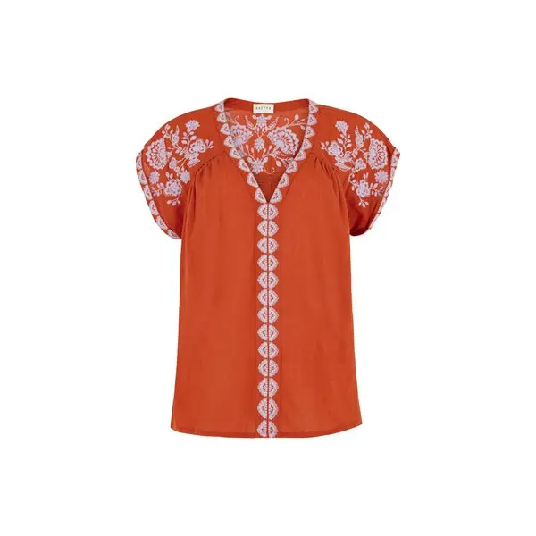 RAFFYA Luna Blouse With Pink Embroidery - Brown