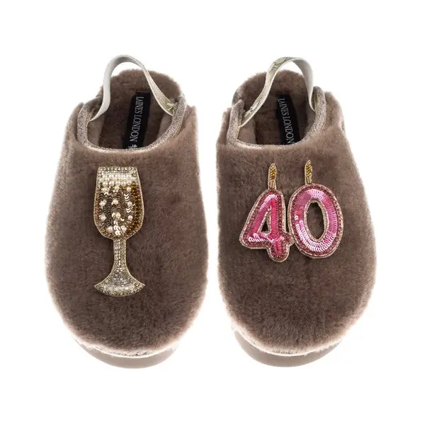 LAINES LONDON Brown / Gold / Neutrals Flatform Cloud Closed Toe Slippers With 40th Birthday & Champagne Glass Brooches Mink - Brown/gold