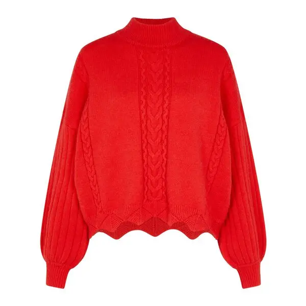 SOUR FIGS Batwing Sleeves Scallop Edge Knit Jumper In Lust - Red