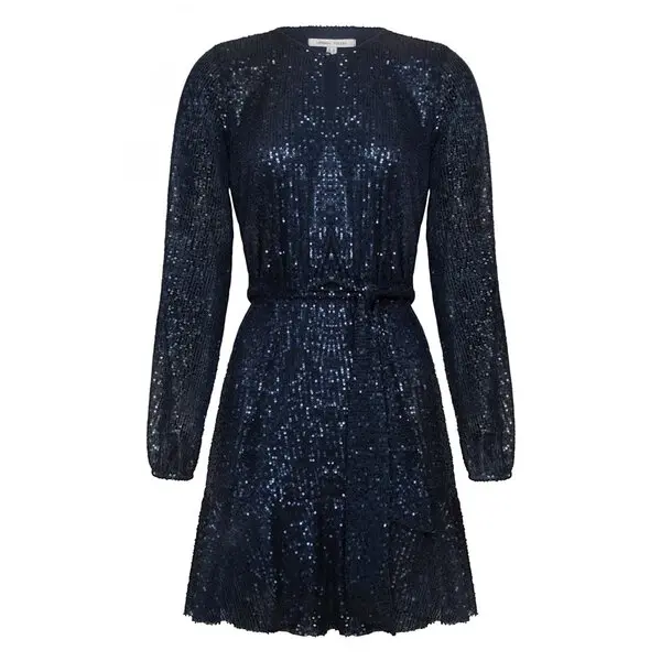 URBAN TOUCH Sequin Skater Dress With Long Sleeve Navy - Blue