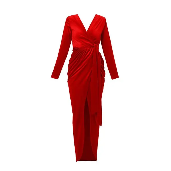 LIA ARAM Belted V-neck Wrap Gown - Red