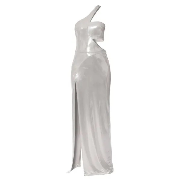 AGGI BY HALEWSKI Sheyla Sliver Glow Asymmetric Maxi Dress - Silver