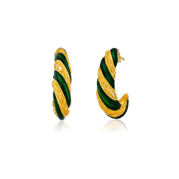 MILOU JEWELRY Gold Plated Sterling Silver Hoop Earrings With Enamel Motif - Green