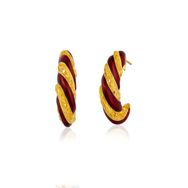 MILOU JEWELRY Gold Plated Sterling Silver Hoop Earrings With Enamel Motif - Red