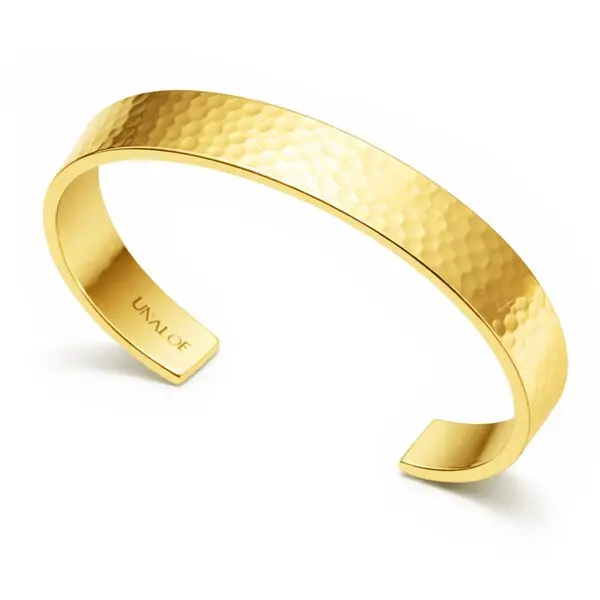 UNALOE Open Plated Rigid Bangle With Wide Hammered Band – Handmade Italian Jewelry - Gold