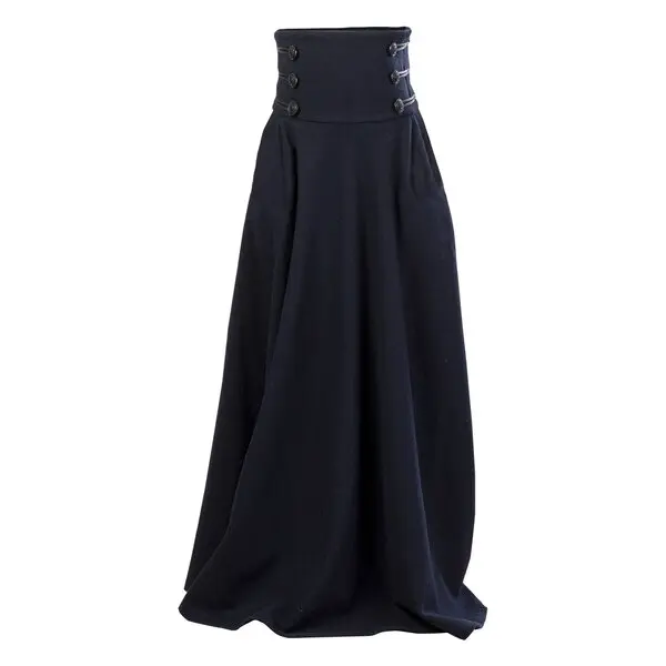 NIKKA PLACE Empire Waist Maxi Wool Skirt With Double Row Buttons In Dark Colour - Blue