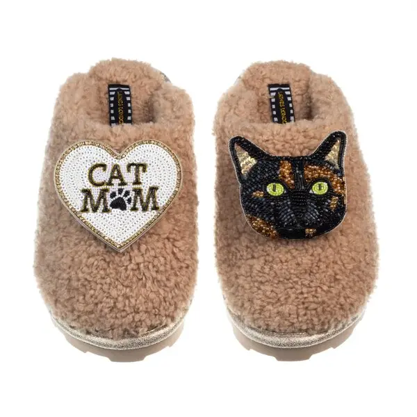 LAINES LONDON Neutrals Teddy Closed Toe Slippers With Misty Cat & Cat Mum / Mom Brooches Toffee - Brown