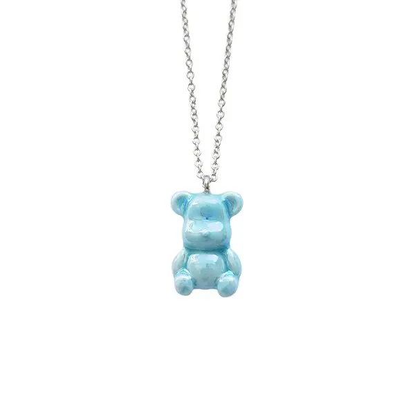 POPORCELAIN Baby Blue Porcelain Teddy Bear Necklace, Tone - Silver