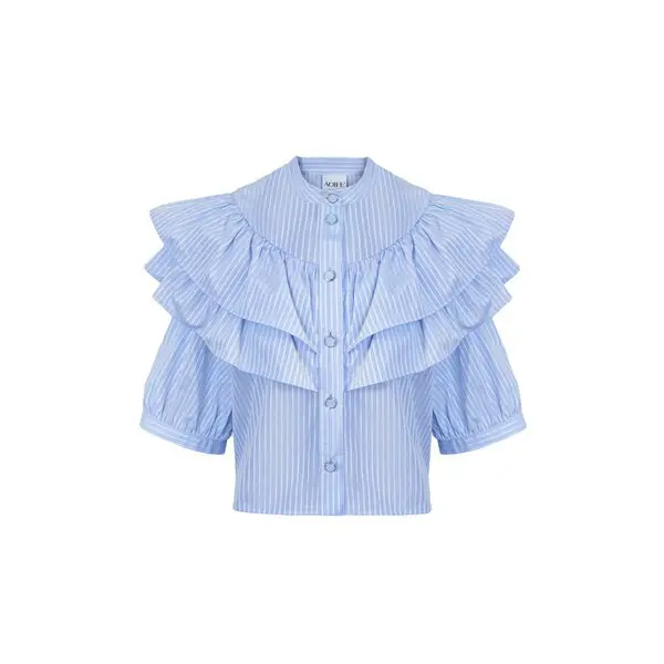 AOIFE® Short Sleeve Ruched Cotton Silk Blouse - Blue