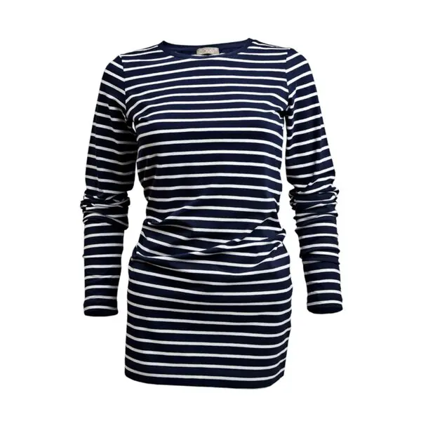 COVE Long Length Cotton Navy & White Stripe Tee - Blue