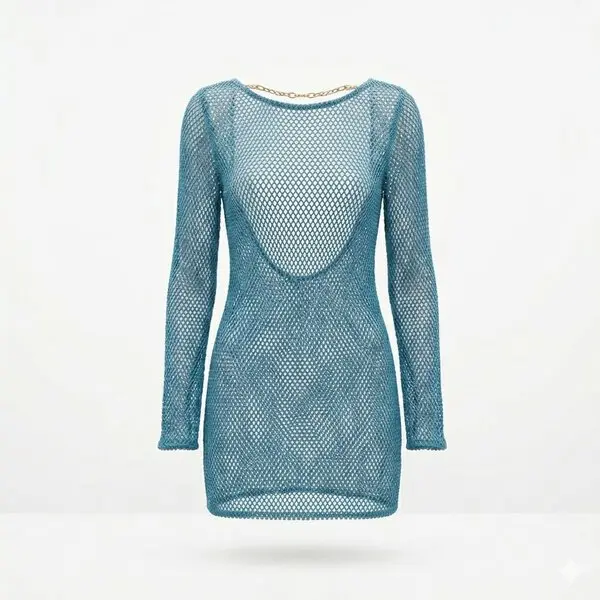 WOMEN & WOMEN Metallic Turquoise Mesh Cover-up Dress With Chain Detail - Blue