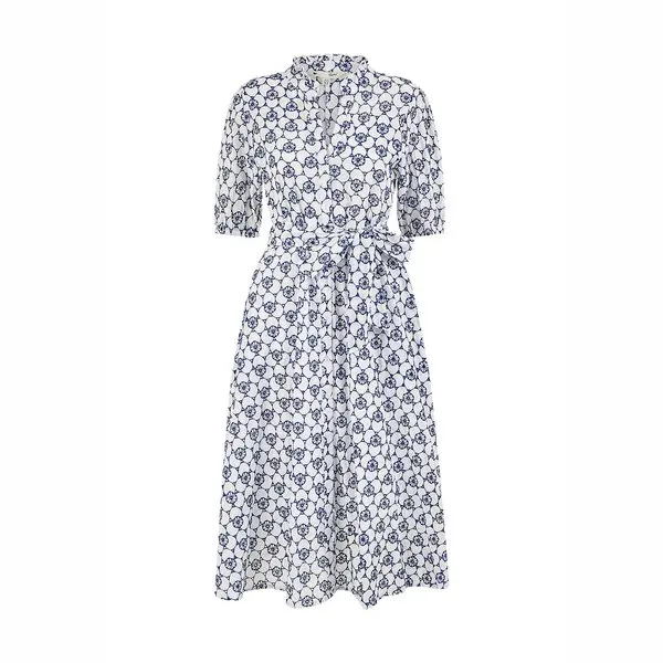 YUMI Blue Cotton Broderie Anglaise Midi Shirt Dress - White