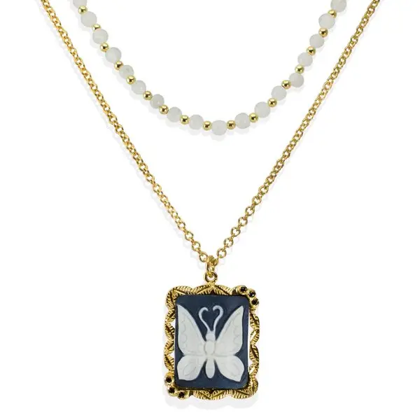 VINTOUCH ITALY Butterfly Cameo & Moonstone Layered Necklace - Black