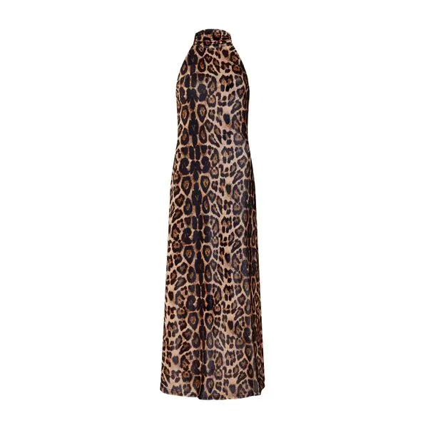 SOUR FIGS Neutrals Halterneck Leopard Velvet Maxi Dress In Warm Caramel - Brown