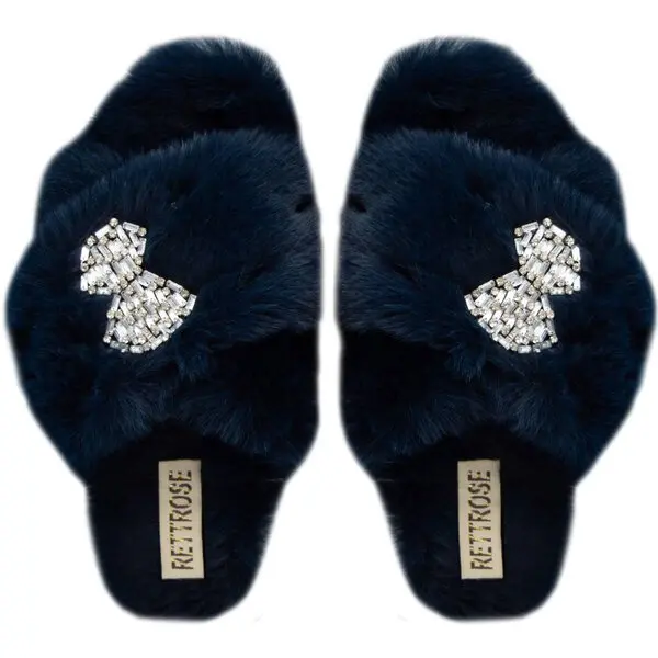RETTROSE Fefe Luxury Navy Plush Diamanté Bow Embellished Handmade Slipper - Blue