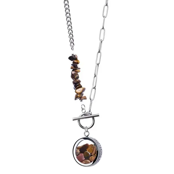 MY LITTLE NATURE Tiger's Eye Necklace With Beaded Chain And Charm Tiger's Eye Jewelry Leo Zodiac - Brown
