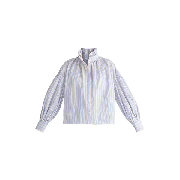 PAISIE Striped Puff Sleeve Shirt With Ruffled Collar In And Beige - Blue