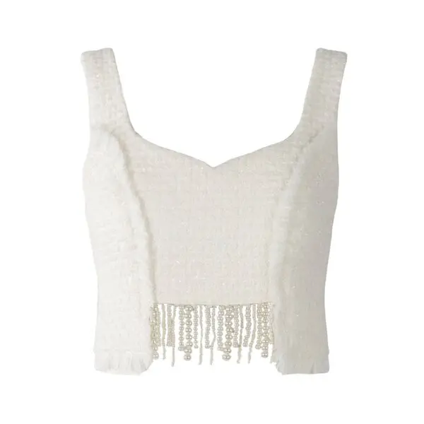SOLGO ATELIER Tia Sleeveless Crop Top Shimmering Tweed Bouclé With Pearl Fringes - White