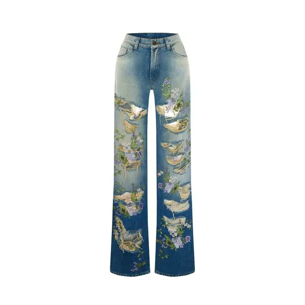 MAISON SEL Overdyed Denim Embroidered Jeans - Blue