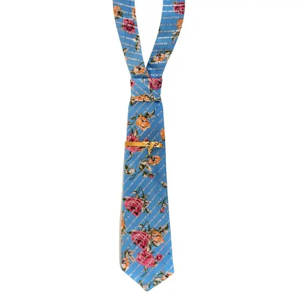 NANDANIE Floral Printed Lurex Petite Necktie + Tie Bar - Blue
