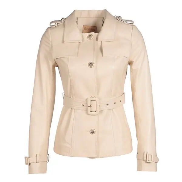 SANTINNI Neutrals Bardot 100% Leather Jacket In Crema - Black