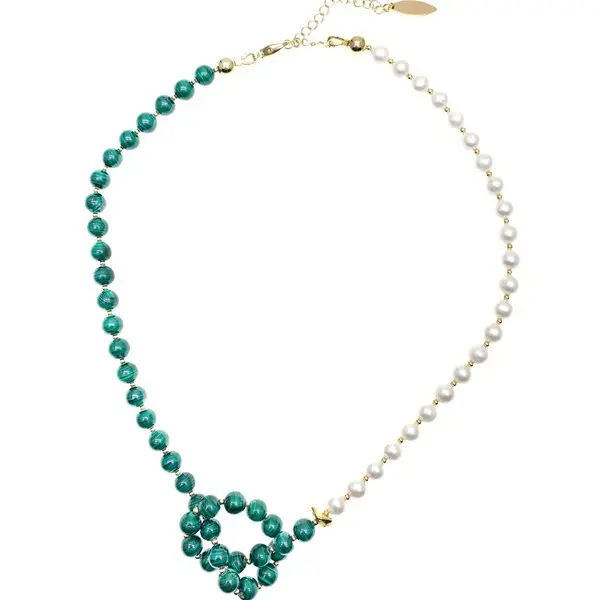 FARRA Malachite With Freshwater Pearl Knotted Necklace - Green