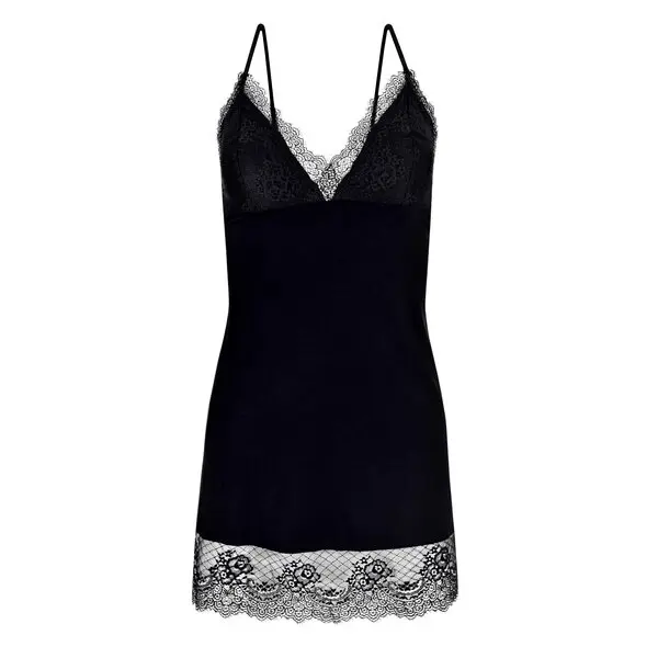 OH!ZUZA NIGHT&DAY Lace Back Chemise Nightdress Breathable Viscose & Soft Lace - Black