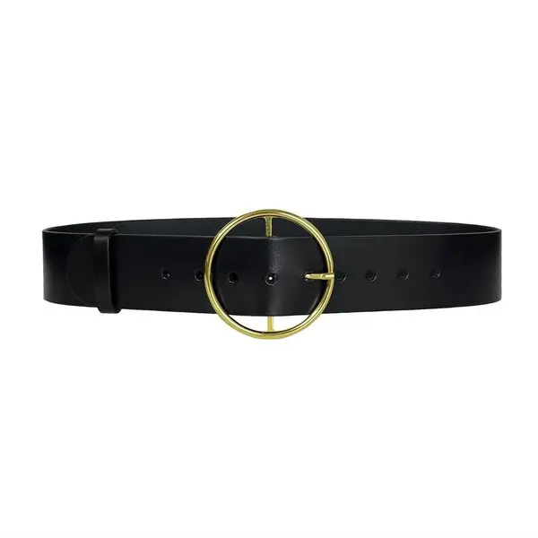 HAUTE CUIR Round Buckle Leather Belt - Black