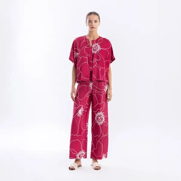 Haris Cotton Printed Satin Bolero Fuchsia Peonies - Pink