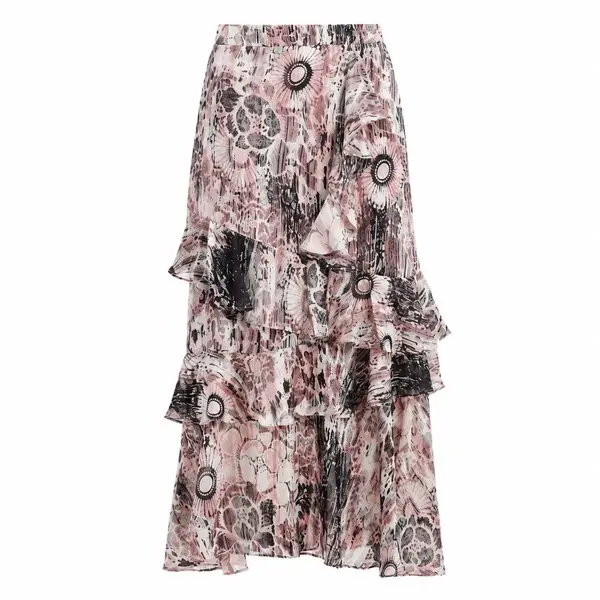 SMART AND JOY Neutrals / Long Chiffon Skirt With Ruffles With Floral Print - Pink