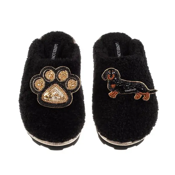 LAINES LONDON Teddy Closed Toe Slippers With Paw & & Tan Dachshund Brooches - Black